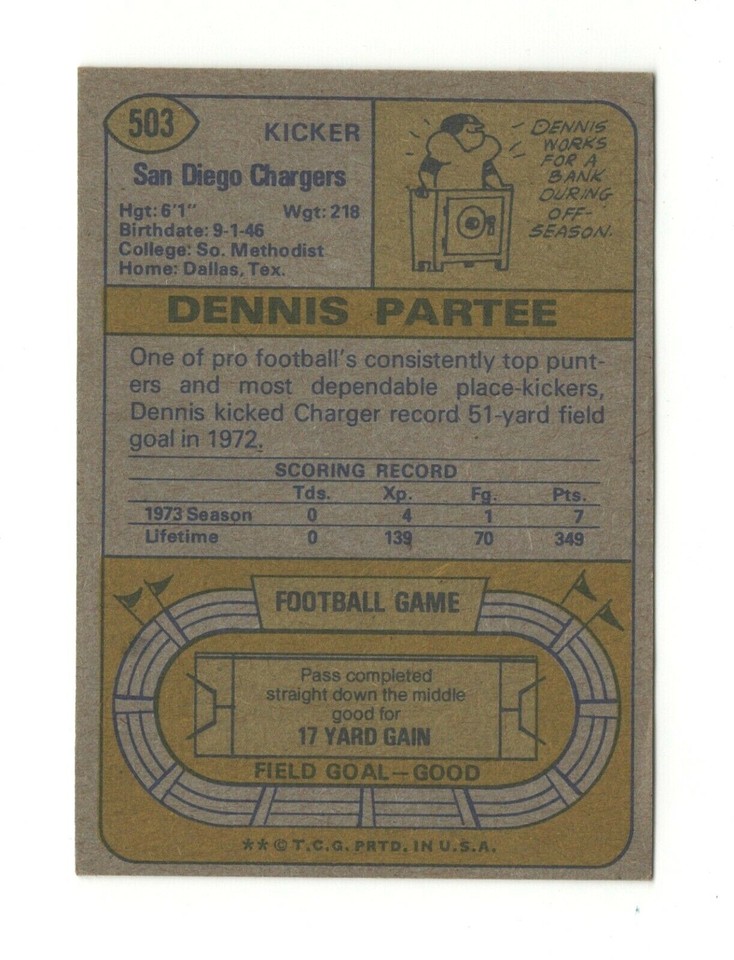 1974 Topps Football Card #503 Dennis Partee - San Diego Chargers | eBay