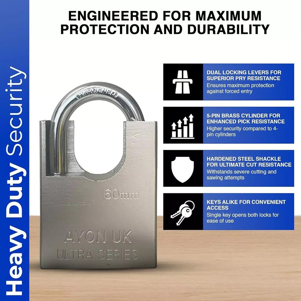 60MM HEAVY DUTY Padlock High Security Padlock With 4 Keys Chain Pad ...