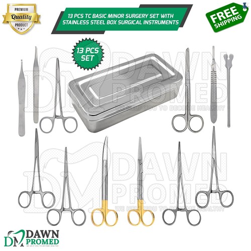 13 Pcs TC Basic Minor Surgery Set W/Stainless Steel Box Surgical Inst ...
