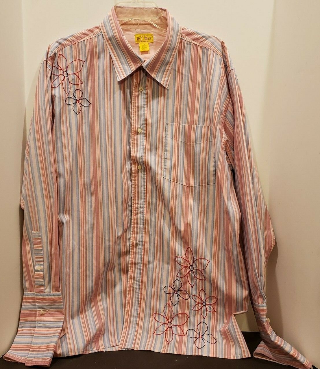 P.J. Mark XL Pink Blue White Stripe Poly/Cotton French Cuff Men's Shirt ...