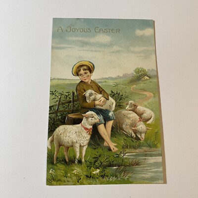 A Joyous Easter Child Holding Lamb On A Meadow Postcard UNP VTG Bas ...