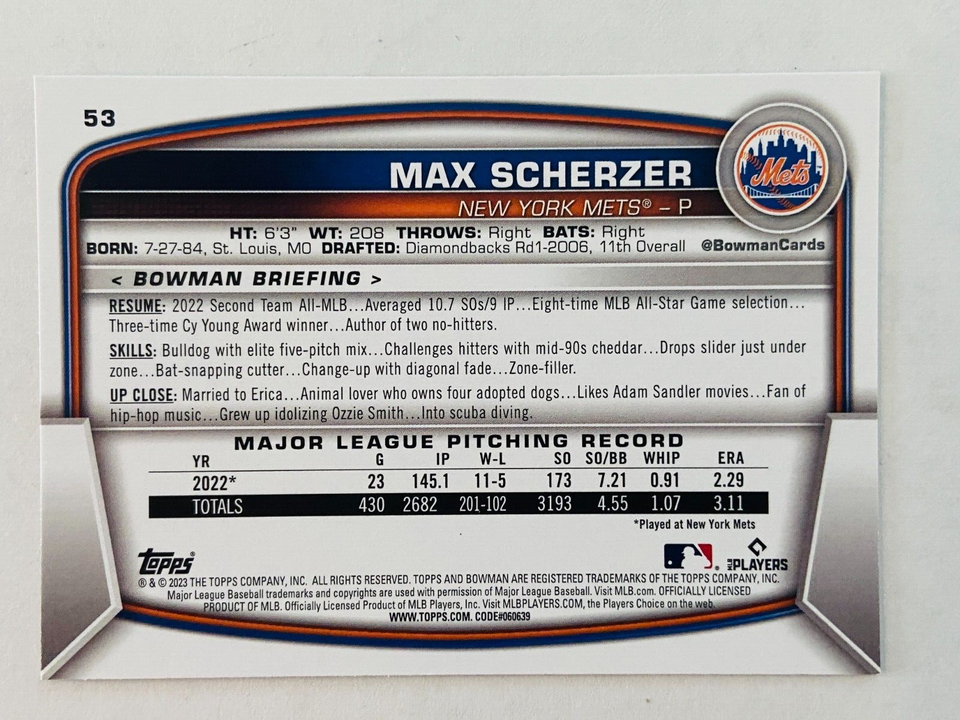 2023 Bowman MAX SCHERZER Paper Sky Blue #'d /499 | eBay