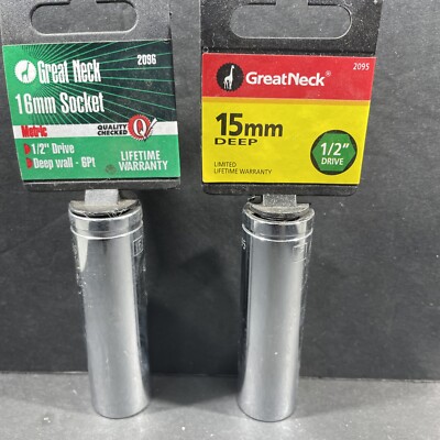 2- Great Neck Sockets, 15mm & 16mm, Deep Sockets, 1/2” Drive, 6 Point ...