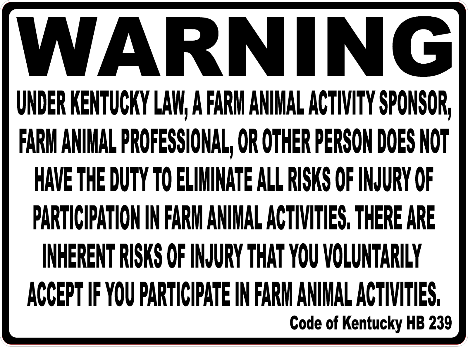 Kentucky Equine Liability Law Sign. Horse Facility Laws Rules Ranch ...