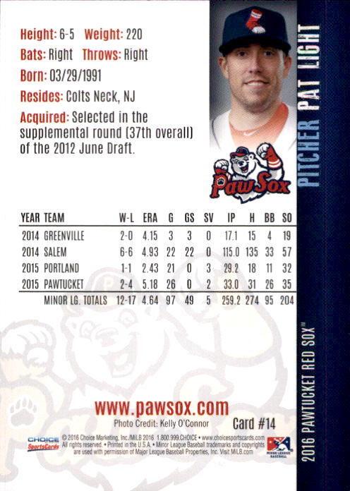 2016 Pawtucket Red Sox Choice #14 Pat Light Colts Neck New Jersey ...