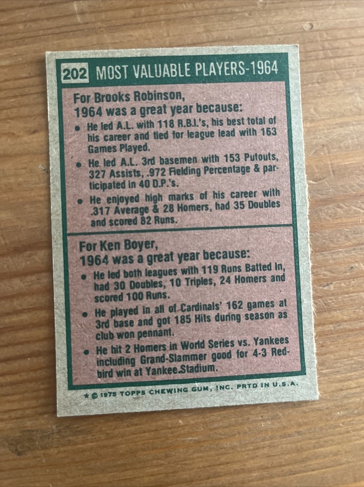 1975 Topps - Most Valuable Players #202 Brooks Robinson, Ken Boyer | eBay