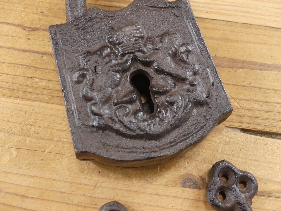 Cast Iron Lock And Key Set Large Antique Vintage Look Finish Prop ...
