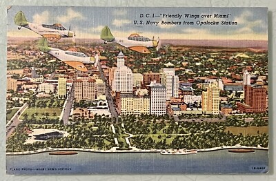 1949 Linen Postcard D.C.1 Wings Over Miami US Navy Bombers from ...
