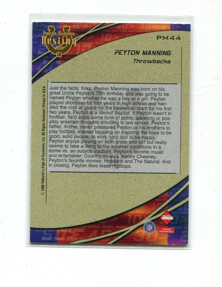 PEYTON MANNING INDIANAPOLIS COLTS 2000 EDGE DESTINY FOOTBALL GOLD CARD ...