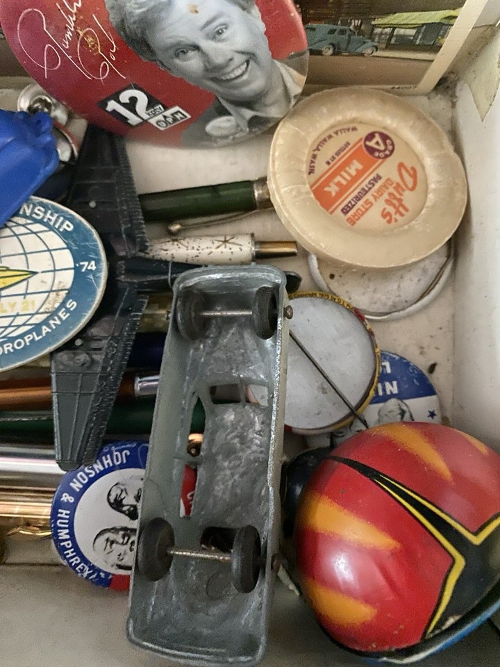 Vintage Estate JUNK DRAWER Lot Pins Cufflinks Metals Pens Postcard Toys ...