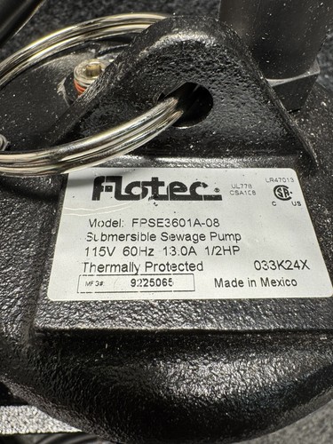 Flotec FPSE3601A 1/2 HP Cast Iron Sewage Pump w/ Tether Float Switch ...