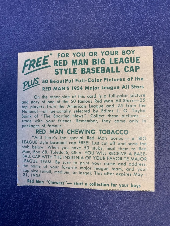 1954 Red Man Tobacco Card No Tab #21 Johnny Antonelli - New York Giants ...