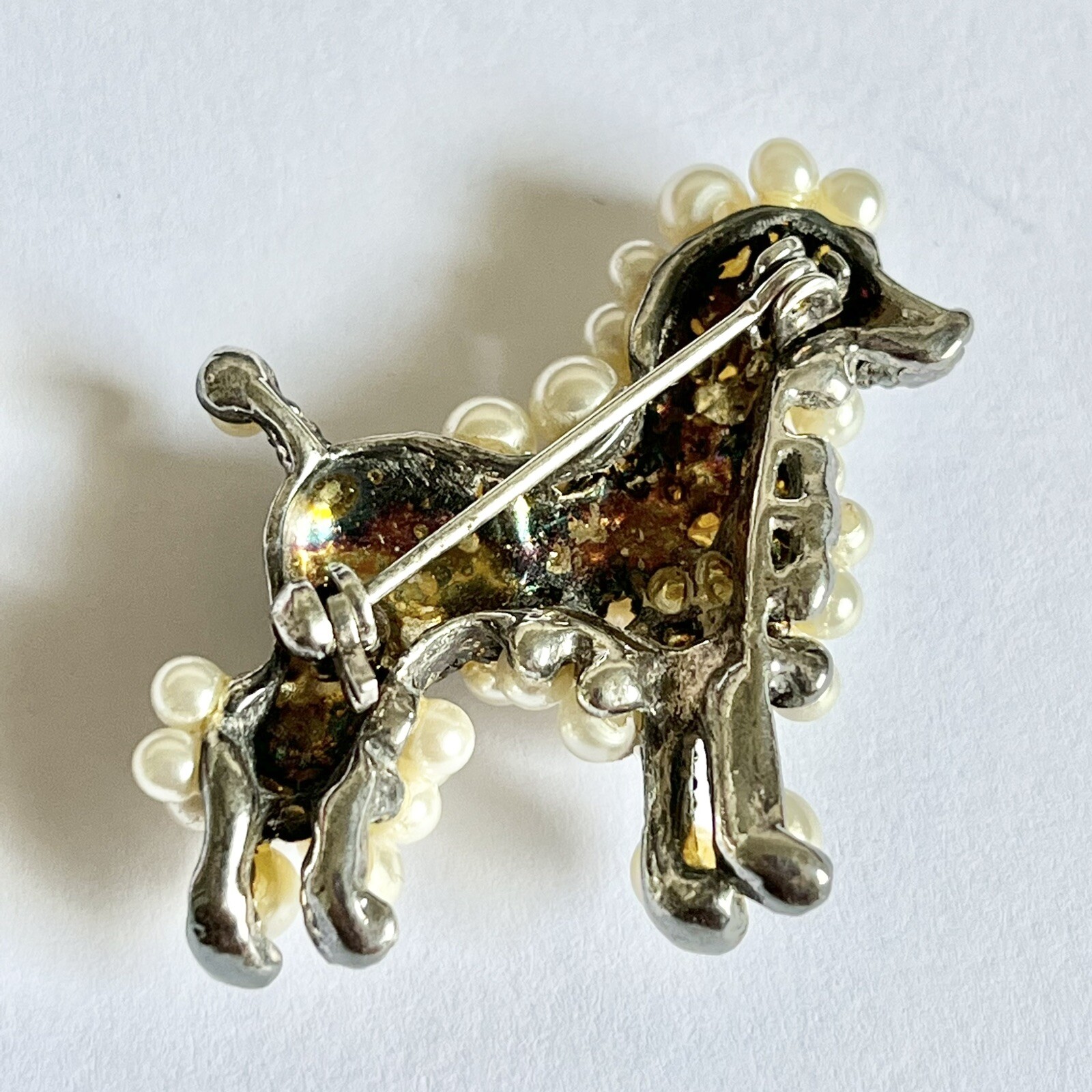 Vintage Pearl Poodle Dog Brooch Pin Pot Metal Silver Tone 50s Crystal ...