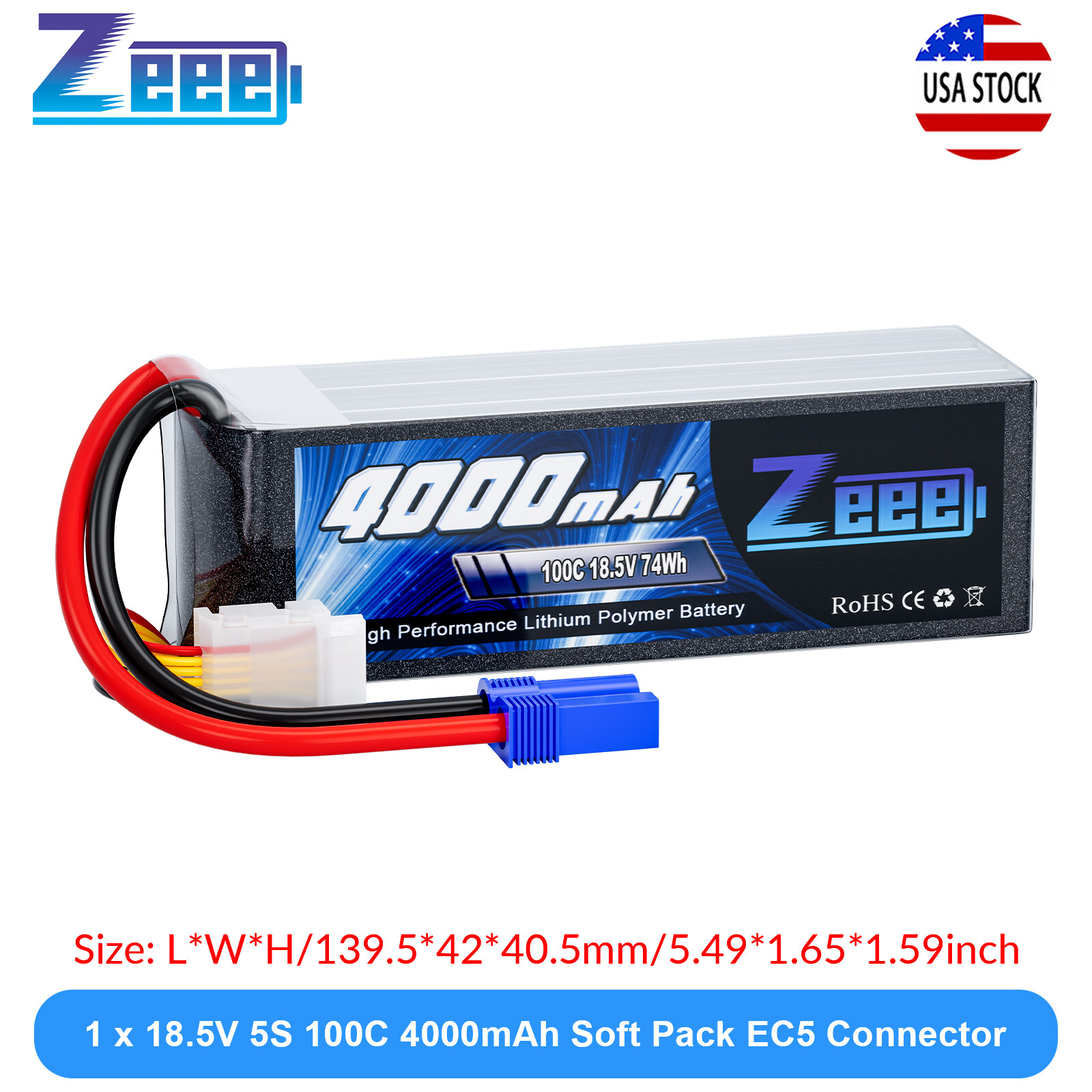 Zeee 5S Lipo Battery 4000mAh 18.5V 100C EC5 for RC Helicopter Airplane ...