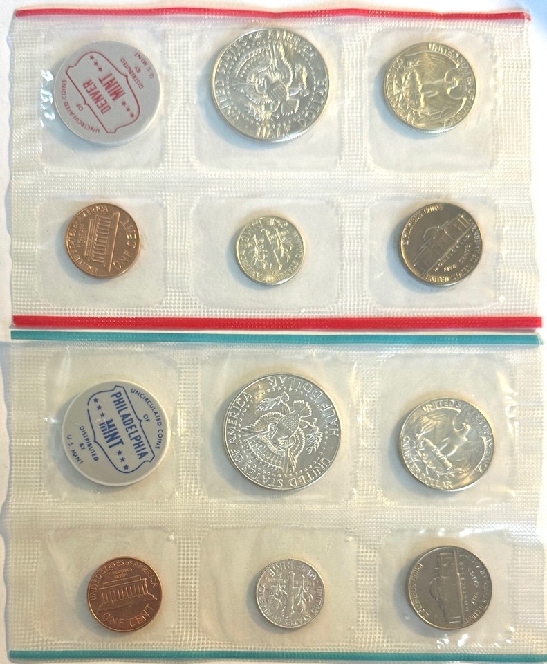 1964 (P&D) U.S. Mint Silver UNC Coin Set - 10 Coins - 2 Silver Kennedy ...