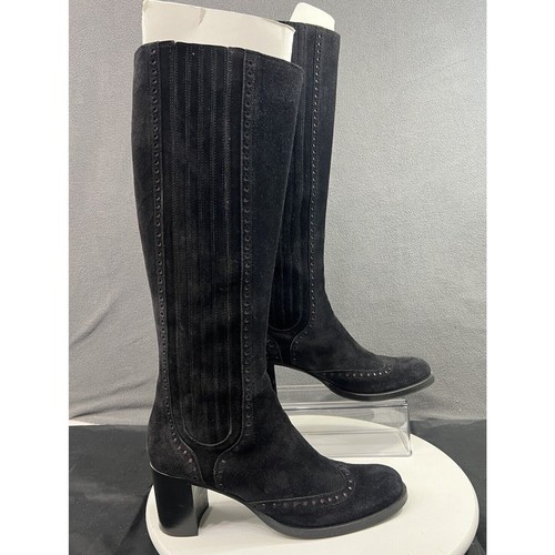 Testoni Italian Tall Pull On Boots Suede Wingtip Black Womens Size 10 ...