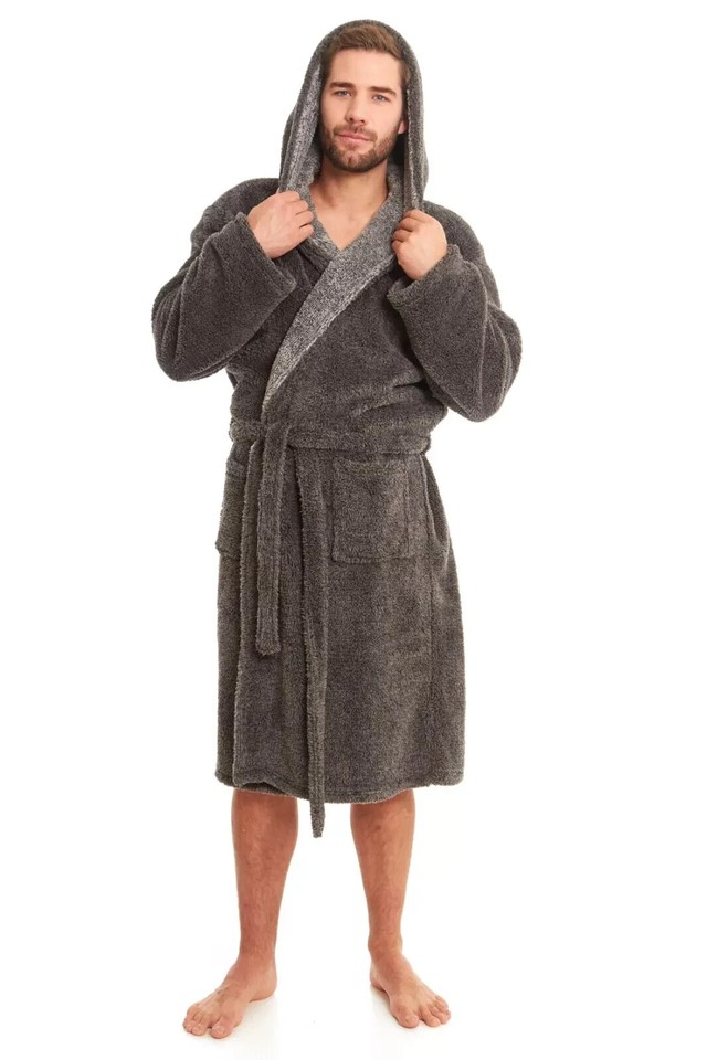 Mens EX STORE Dressing Gown Hooded Snuggly Luxury Thermal Fluffy Soft ...