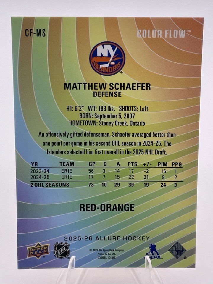 2025-26 Allure Hockey Matthew Schaefer Color Flow Red-Orange Islanders ...