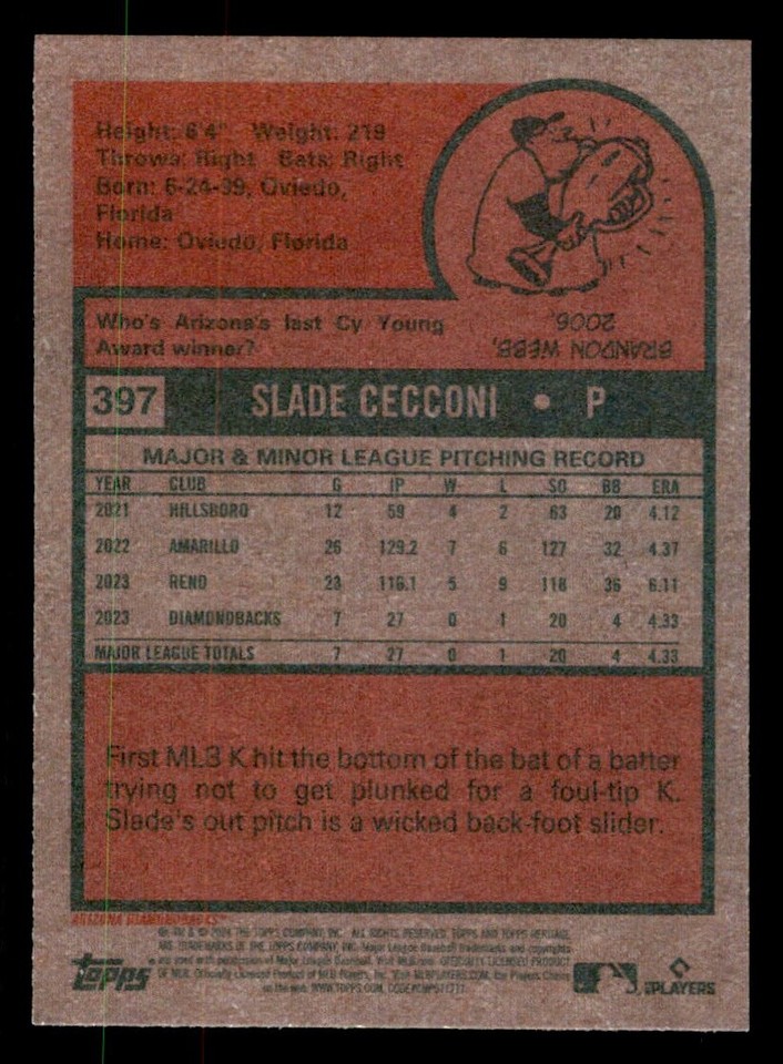 2024 Topps Heritage #397 Slade Cecconi Arizona Diamondbacks RC | eBay