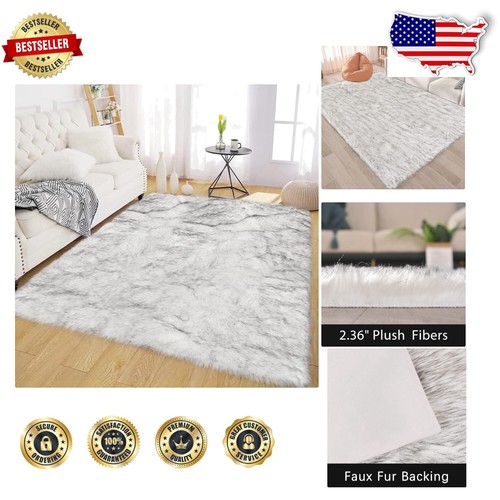 Plush 6x9 Ft White and Grey Faux Fur Area Rug - Washable & Stain ...