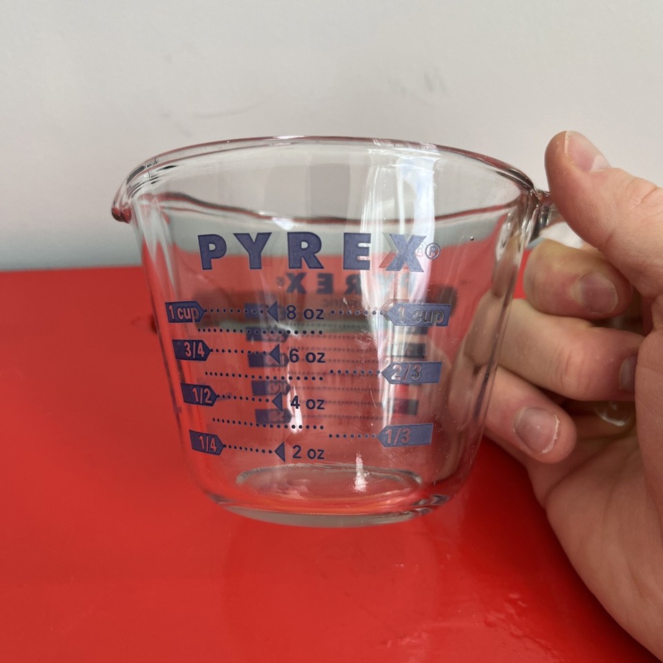 Pyrex Measuring Cup Open Handle 8 Oz Clear Blue Letters Metric Standard ...