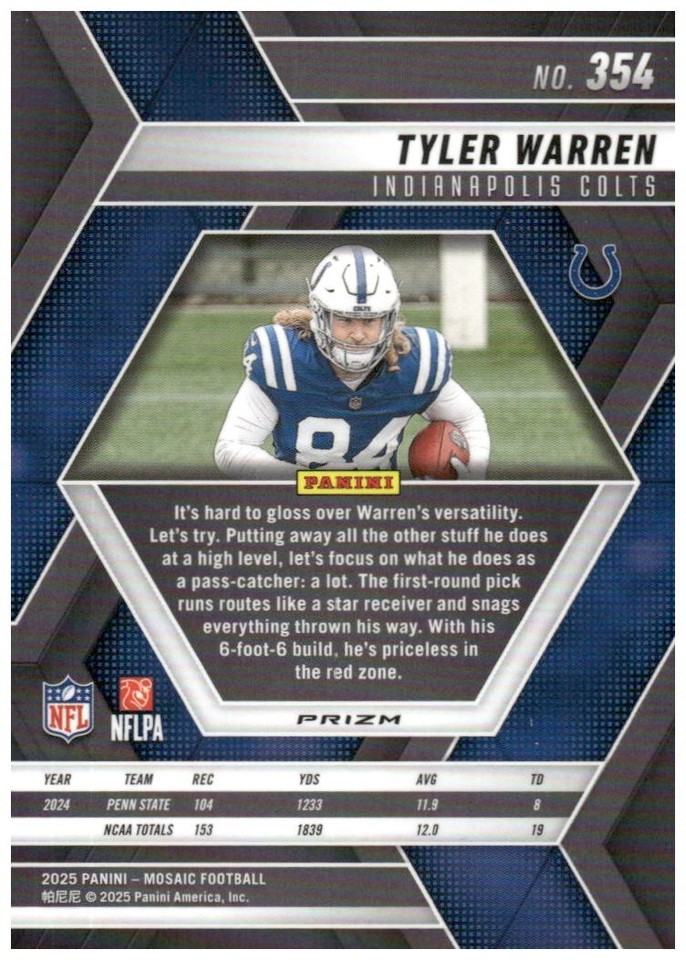 2025 Mosaic Pink Prizm Tyler Warren #354 Colts RC | eBay