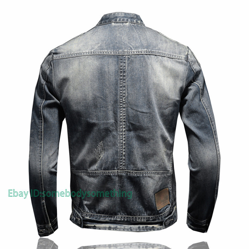 Mens Slim Fit Stand Collar Zipper Motorcycle Denim Jacket Coat Plus ...
