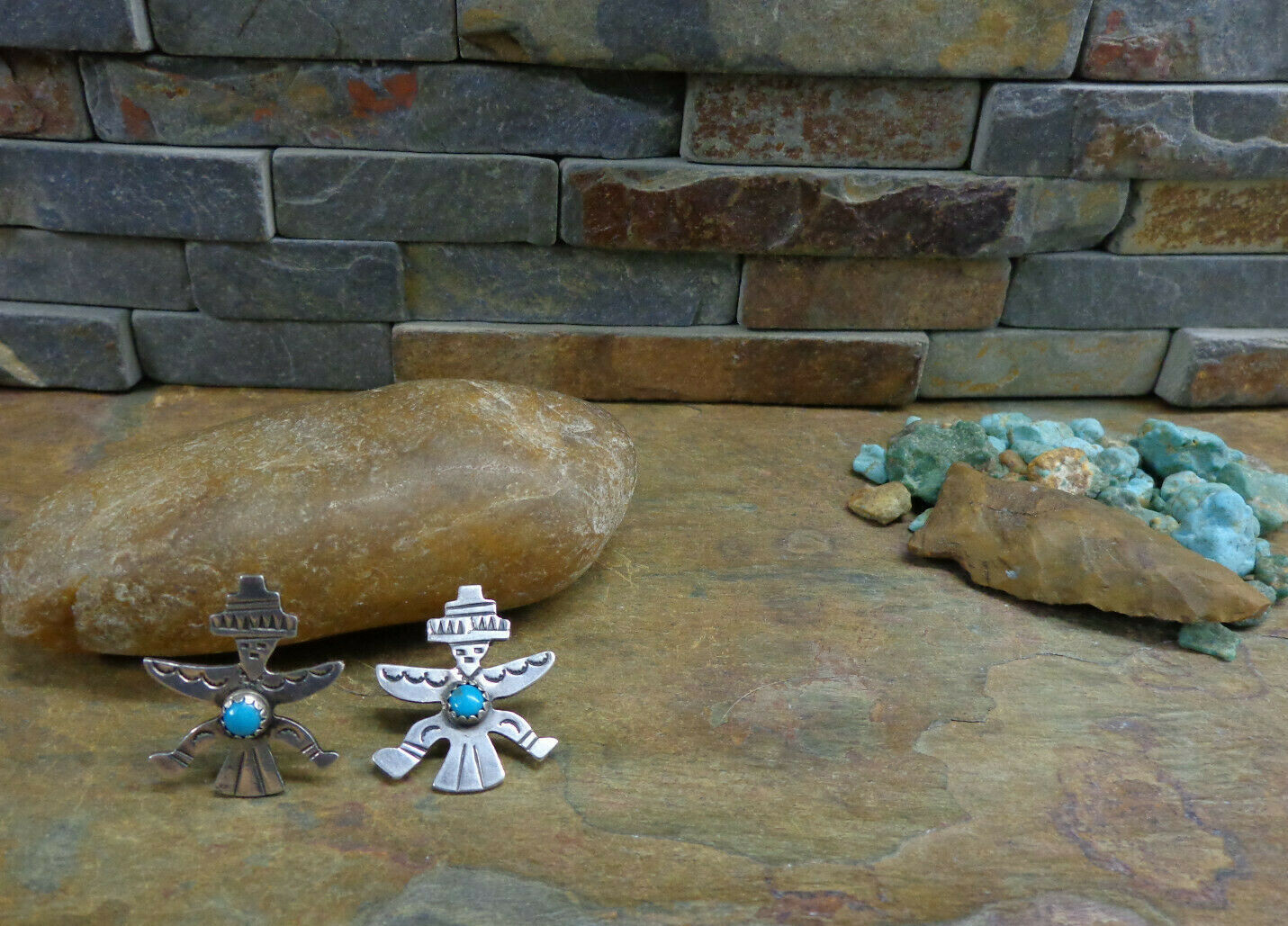NAVAJO ZUNI KNIFEWING KACHINA STERLING TURQUOISE EARR… - Gem