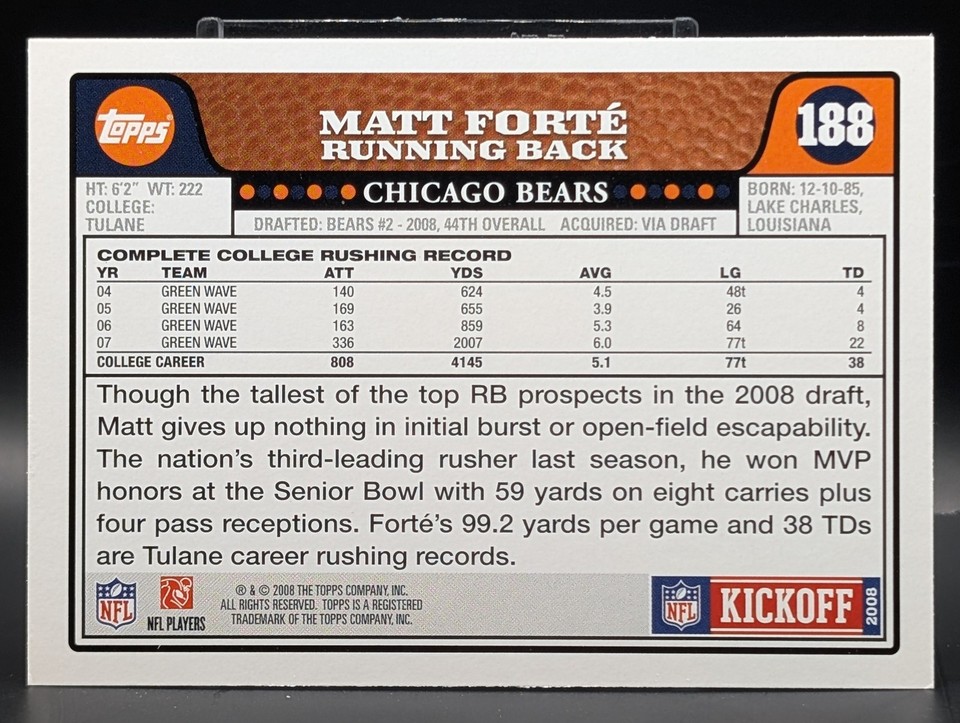 2008 Topps Kickoff #188 Matt Forte Rookie - Chicago Bears | eBay