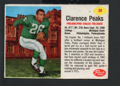 1962 Post Football Card #39 Clarence Peaks-Philadelphia Eagles Vg Card ...