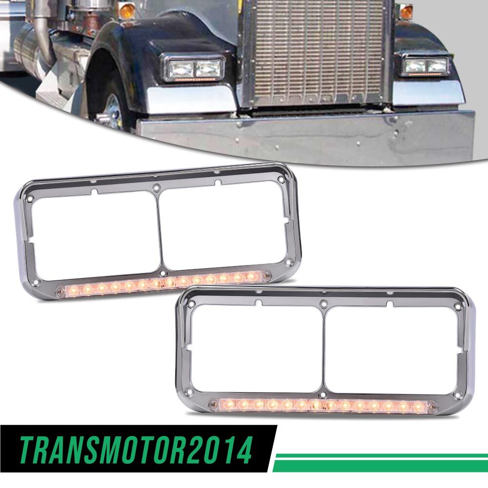 4x6 Chrome Headlight Headlamp Visor Bezels w/ Amber LED Bar - Clear ...