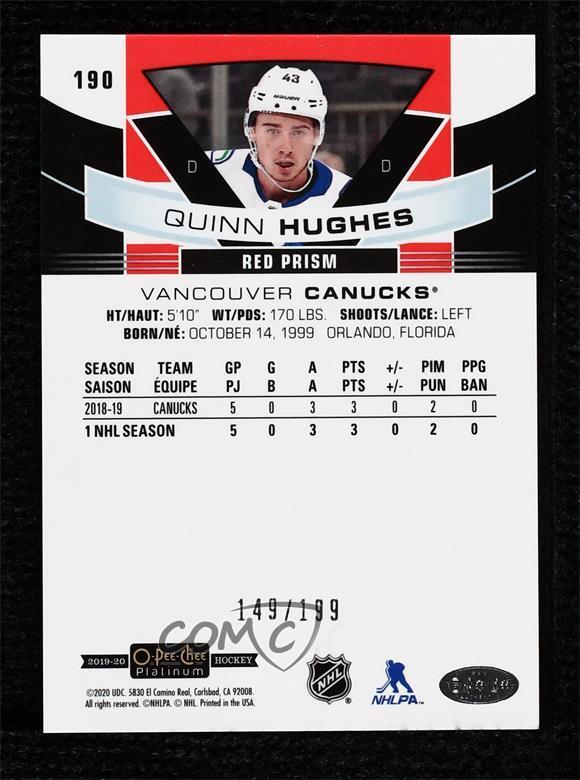 2019 O-Pee-Chee Platinum Marquee Rookies Red Prism /199 Quinn Hughes ...