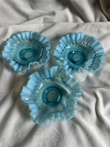 VTG 3 Piece Fenton Blue Opalescent Hobnail Glass Bowl Ruffled Edge ...