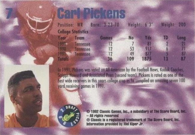1992 Classic Draft Picks Carl Pickens #7 for sale | eBay