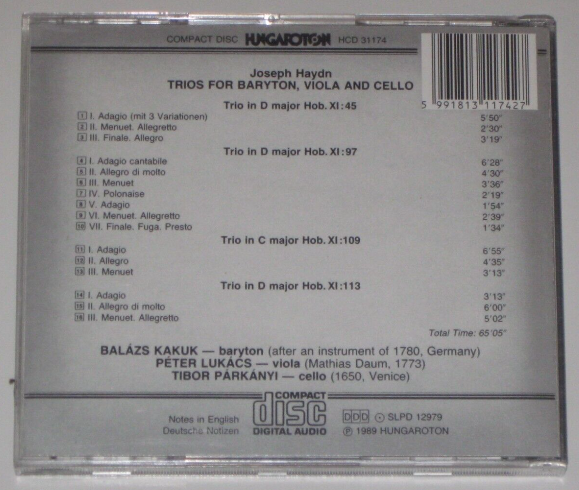 KAKUK, LUKACS & PARKANYI "HAYDN TRIOS FOR BARYTON, VIOLA & CELLO ...