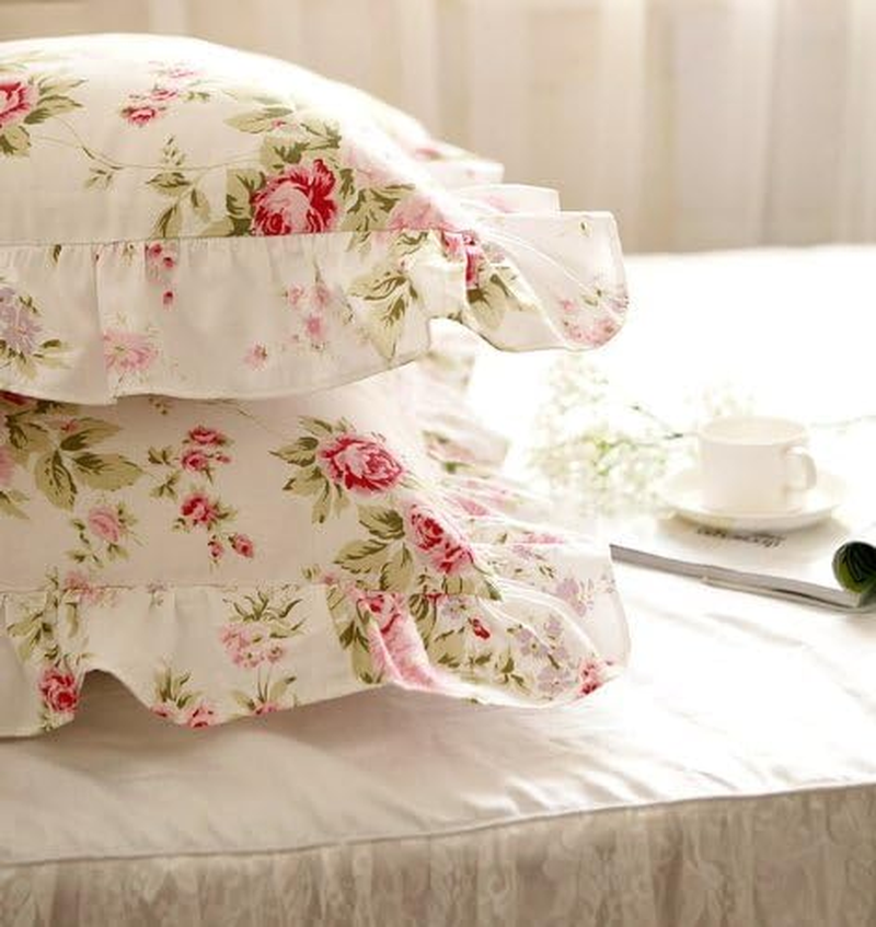Shabby Pink Rose Pillowcases with Lace Ruffles - Vintage Floral Bedding ...