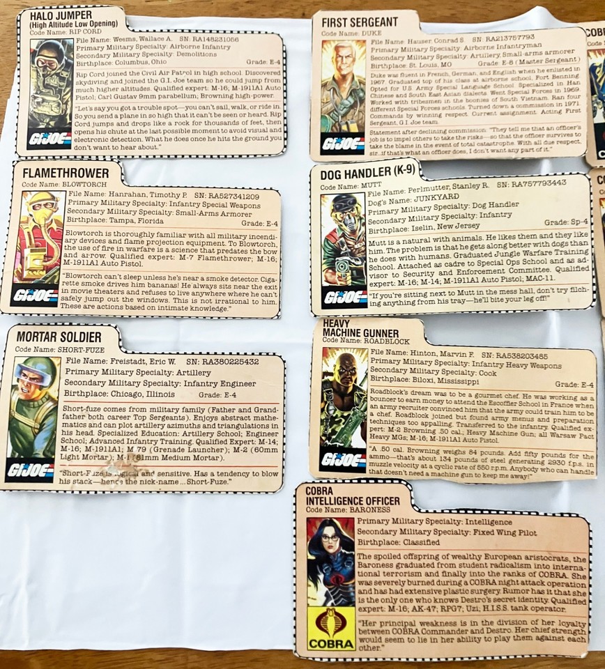 Vintage GI Joe Arah Profile Card LOT 15 Cards 1980's Hasbro Action ...
