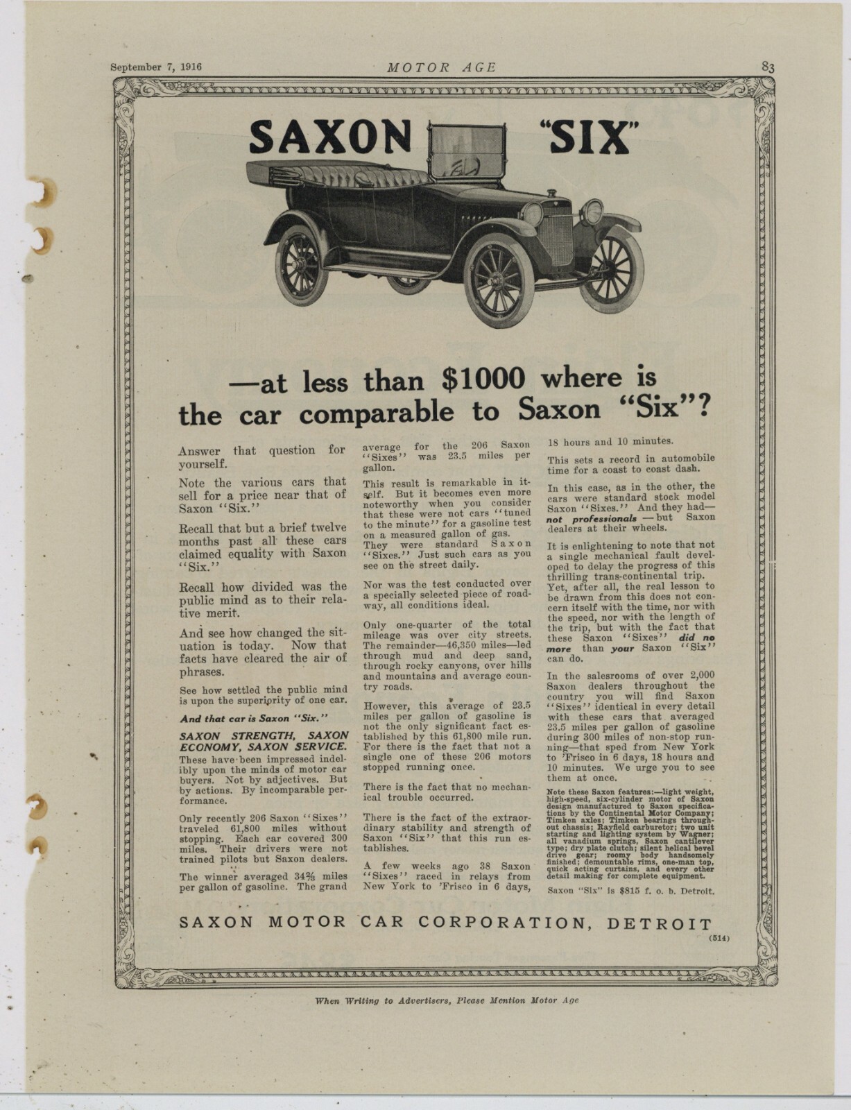 1916 Saxon Motor Cars Ad: Saxon Six w/ Features & Specs - Detroit ...