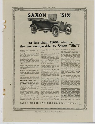 1916 Saxon Motor Cars Ad: Saxon Six w/ Features & Specs - Detroit ...