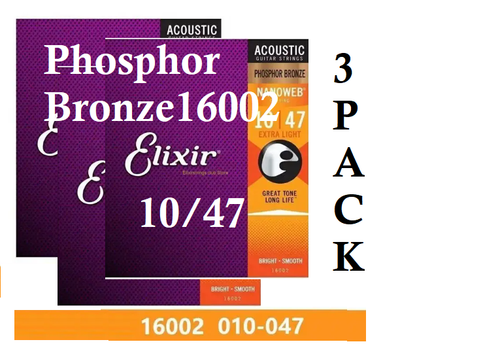 3 PACK Elixir PHOSPHOR Bronze Extra Light Acoustic Guitar Strings 10 ...