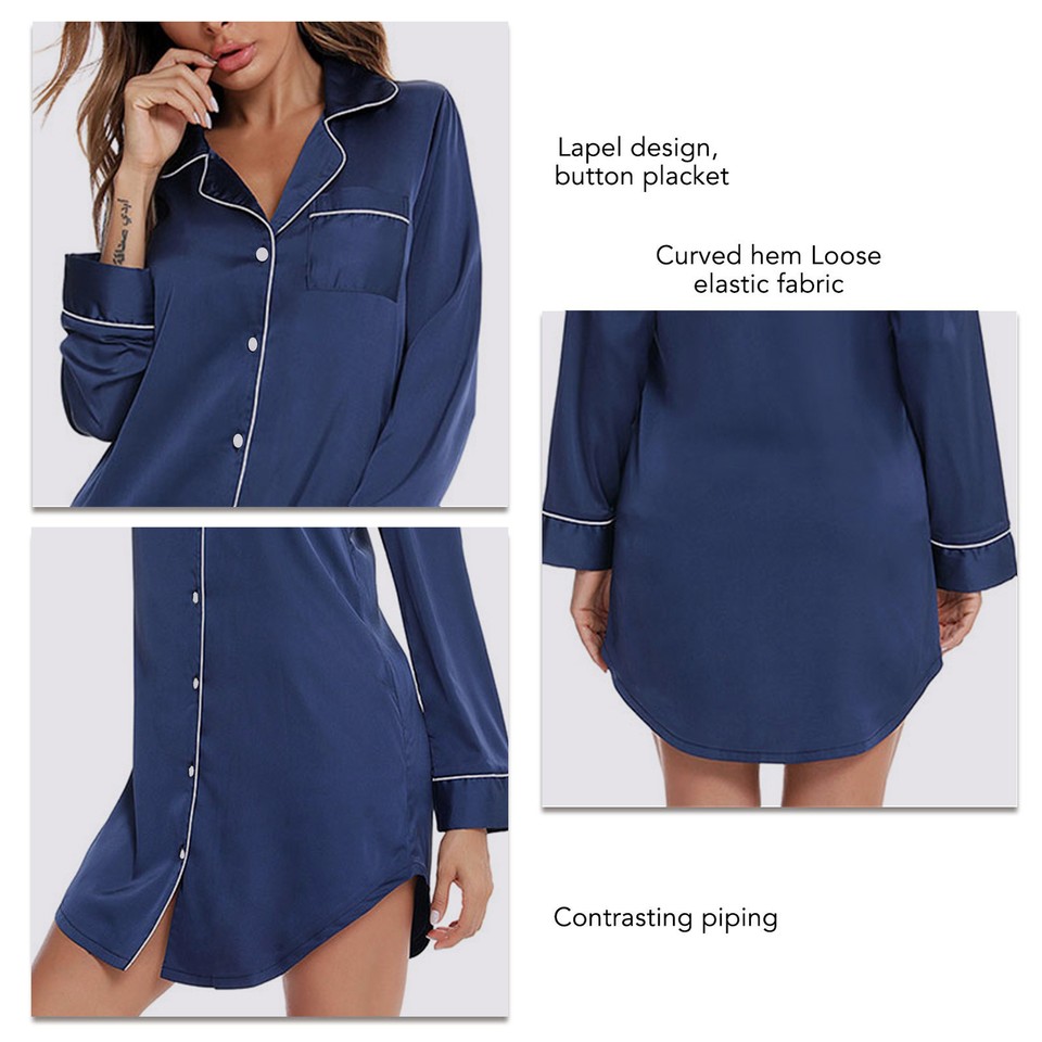 Sleeve Nightshirt Button Lapel Design Sleepshirt Nightshirt(Navy Blue ...