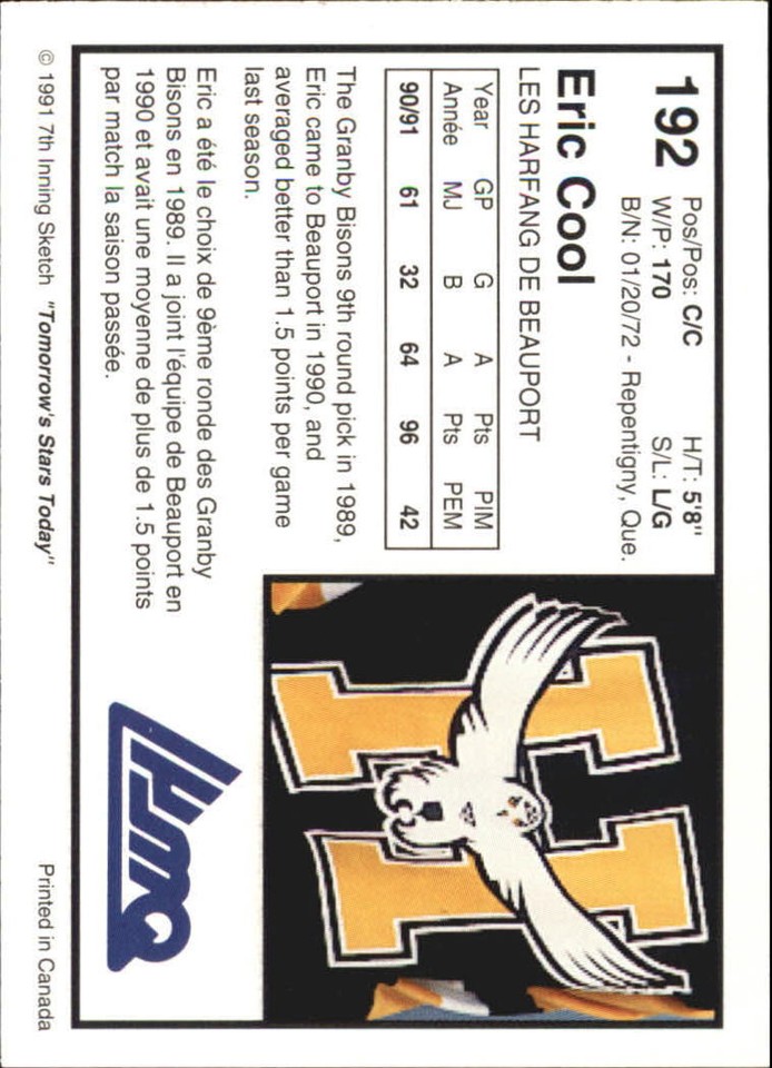 1991-92 7thth Inning Sketch QMJHL #192 Eric Cool | eBay