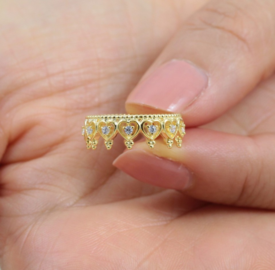 18K Gold Over Sterling Silver Queen Crown CZ Ring Band Knuckle Size 2.5 ...
