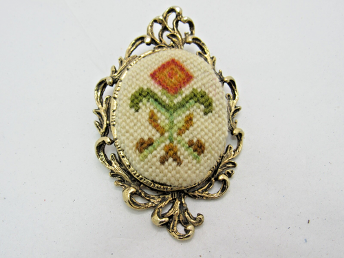 VTG Gold Tone Filigree Frame Needlepoint Embroidered Flower Oval Brooch ...