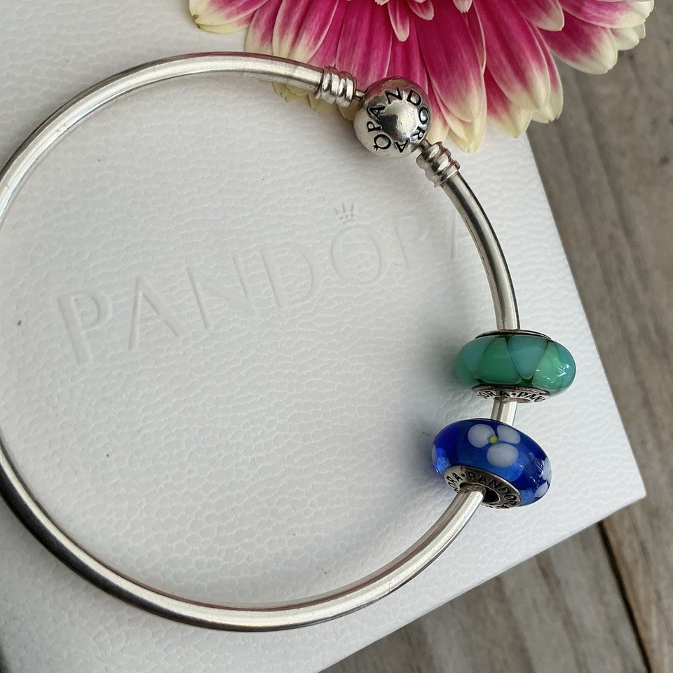 PANDORA ALE 925 Sterling Silver Moments Bangle + 2 x Murano Glass ...