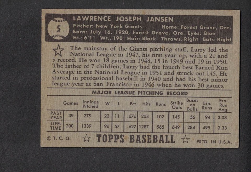1952 TOPPS LARRY JANSEN NY GIANTS PITCHER #5 BLACK BACK EXCELLENT ...