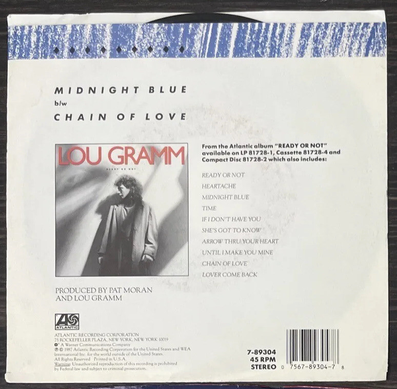 Lou Gramm: Midnight Blue 45rpm Single - 1987 - VG/VG | eBay