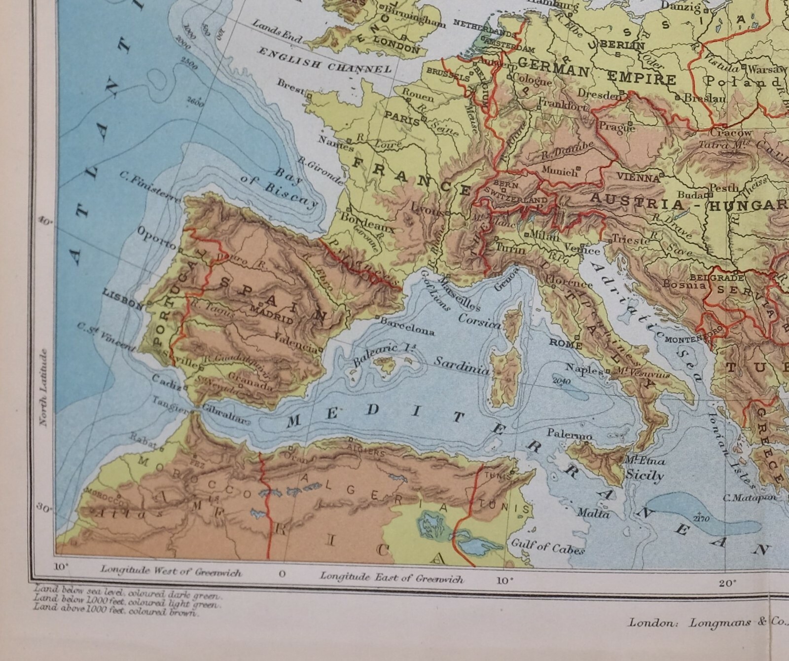 1889 MAP EUROPE BRITISH ISLES SPAIN GERMAN EMPIRE AUSTRIA HUNGARY ITALY ...