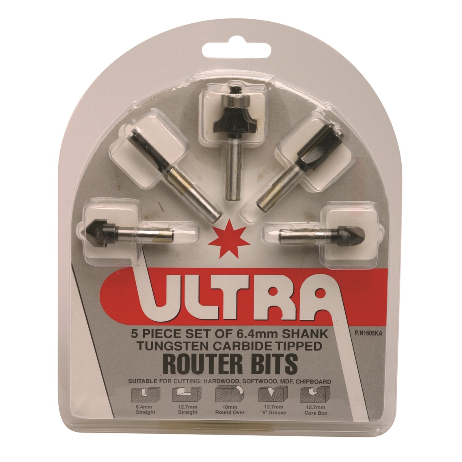 Ultra ROUTER BIT SET 1605KA 5-Pieces 6.4mm Shaft, Tungsten Carbide ...