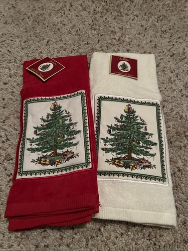 NWT-SPODE 'Christmas Tree' Applique Red And Cream Kitchen Dish Towels ...